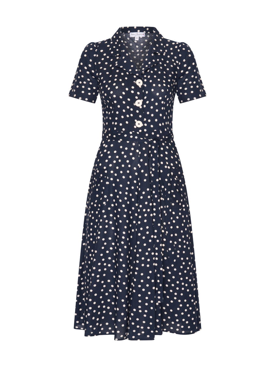 Very Cherry Revers Dress Midi Navy Dots Viscose